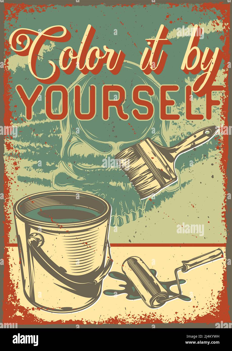 Poster design with illustration of a bucket with paint and brushes on ...