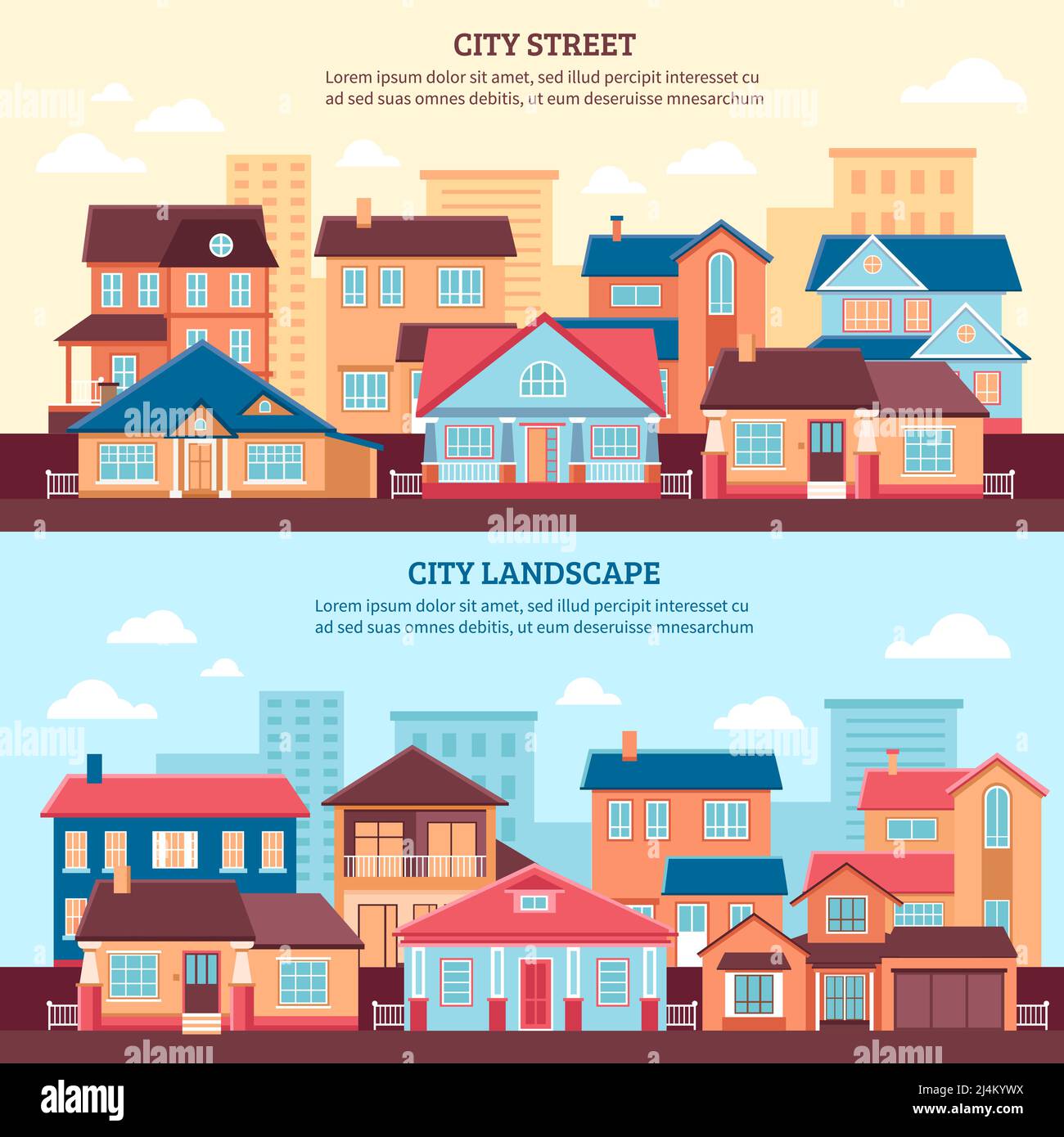 City landscape flat horizontal banners with one and two storey cottages and multi storey ...