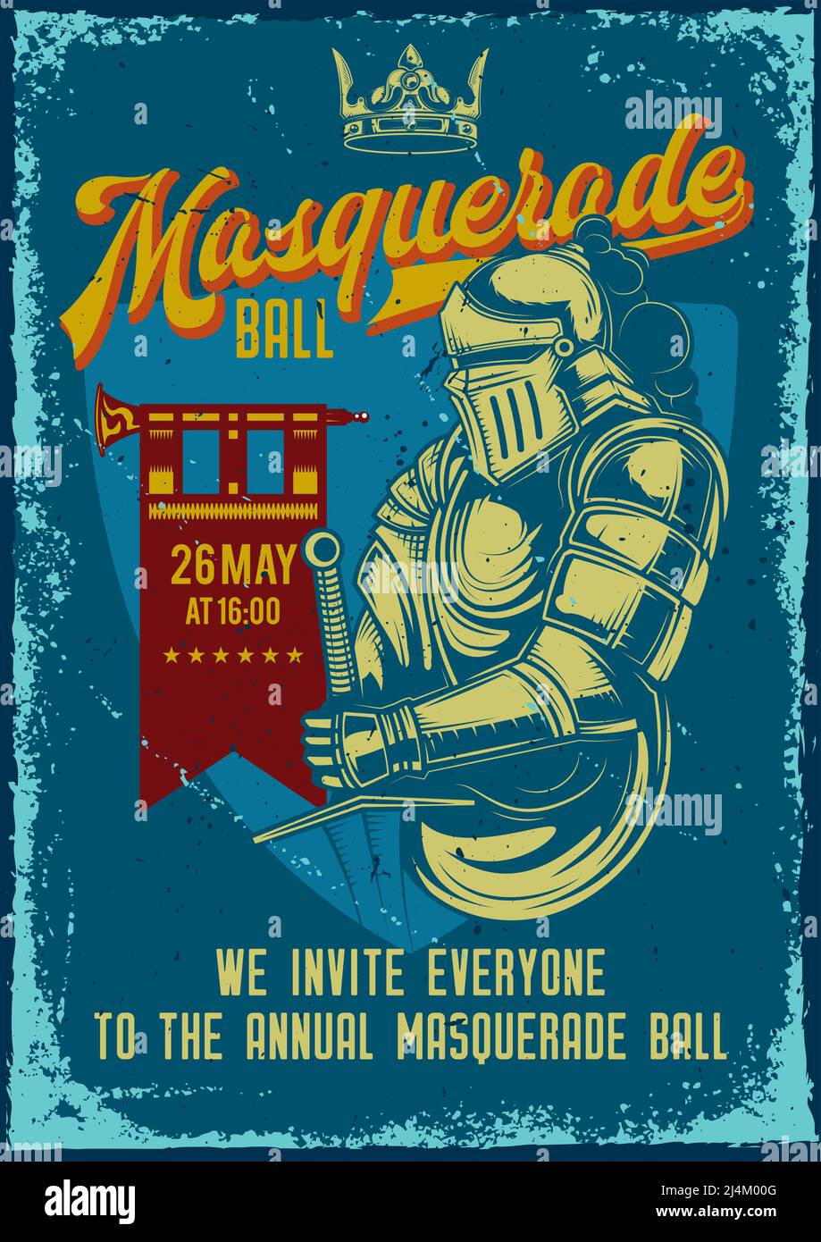Advertising poster design with illustration of a knight with a sword on ...