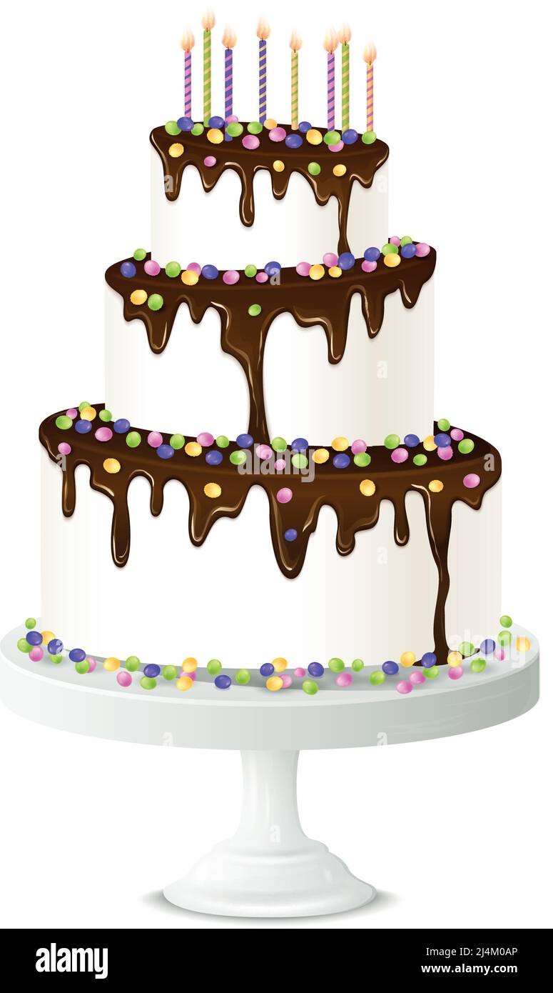 Realistic birthday cake with chocolate icing candles and sweet drops ...