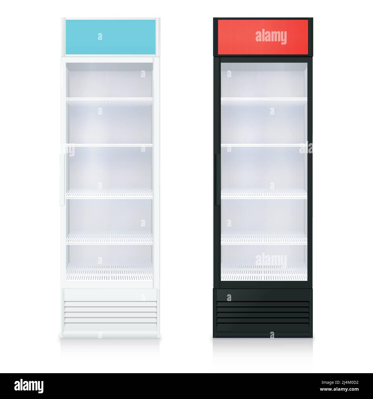 Upright empty fridges template with glass door and shelves on white ...