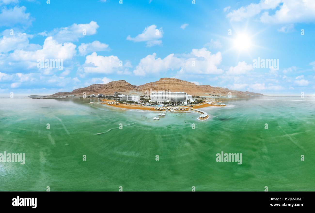 Dead sea beach shore tourist hotels, salt water, daylight Ein Bokek Panorama aerial view Stock ...