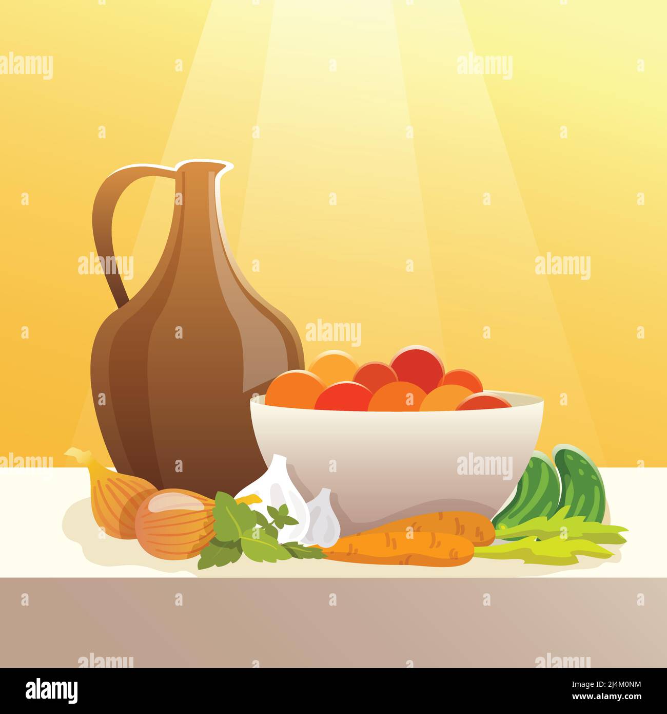 Vegetables and pitcher on table still life flat vector illustration ...
