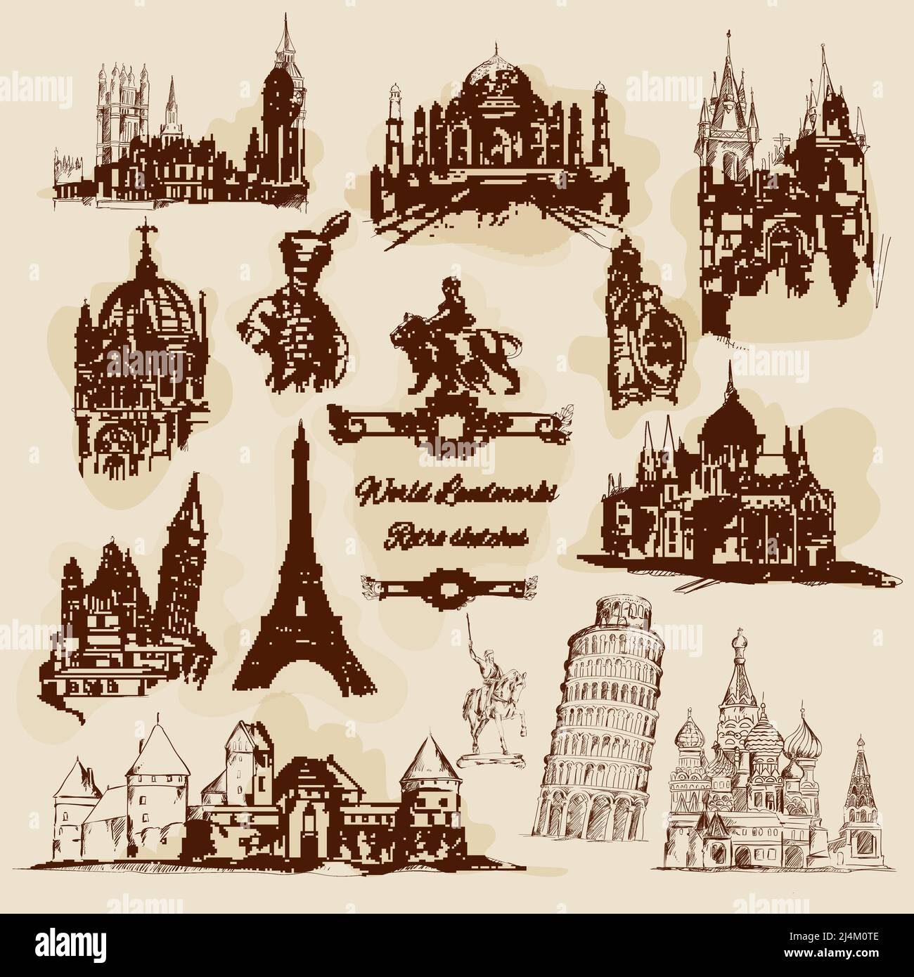 World landmarks sketch sepia graphics vintage icons set isolated vector ...