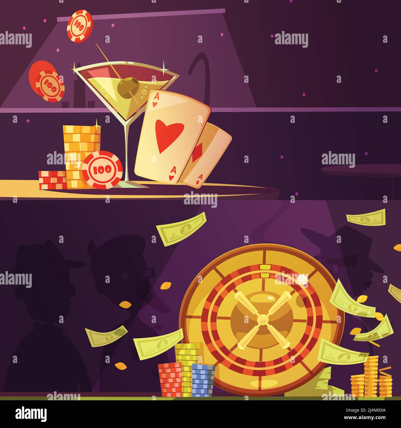 Color cartoon banners depicting casino equipment roulette drink money ...