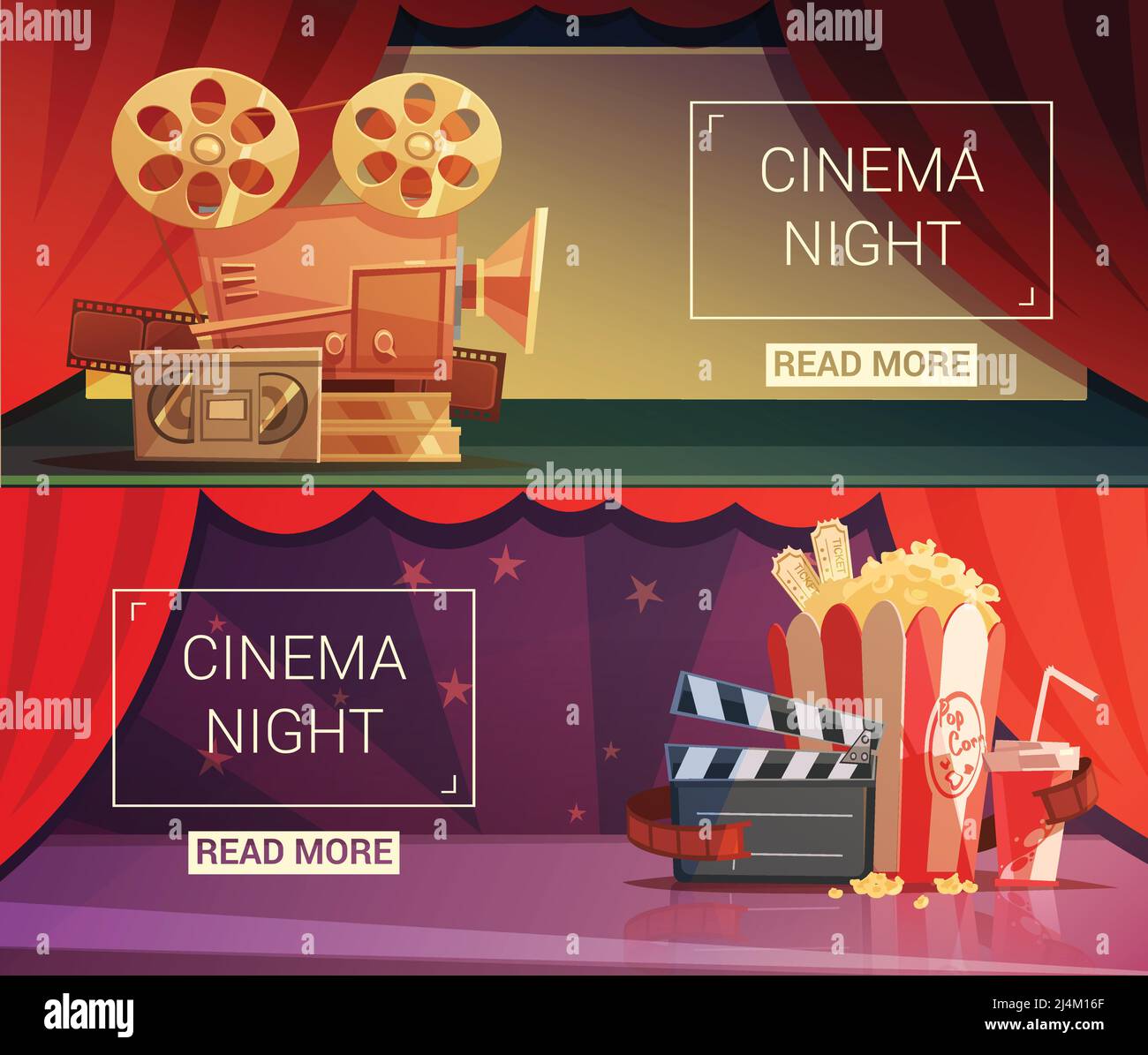 Cinema cartoon horizontal banners set with cinema night symbols ...