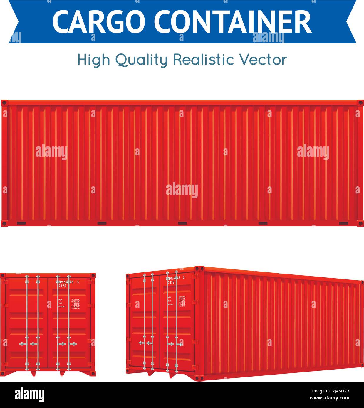 Red cargo freight container from side and isometric views set isolated ...