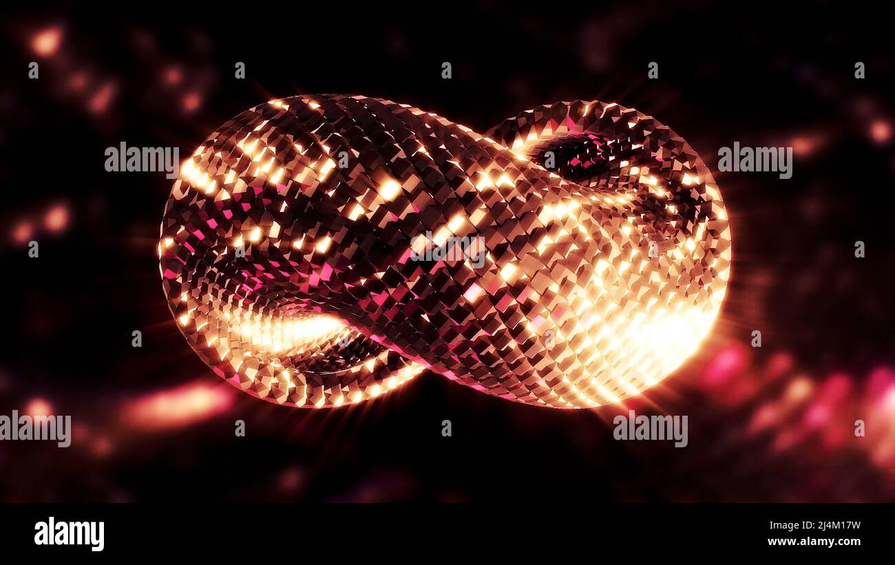 Abstract shining 3D infinity sign spinning on a dark glowing background ...
