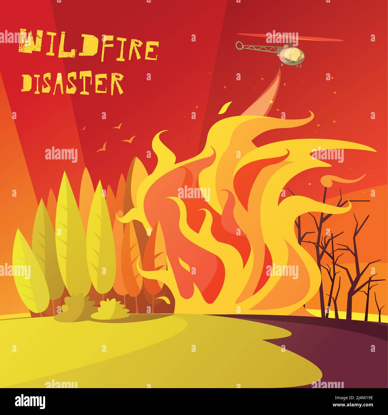 Color cartoon illustration wildfire disaster depicting burning forest ...