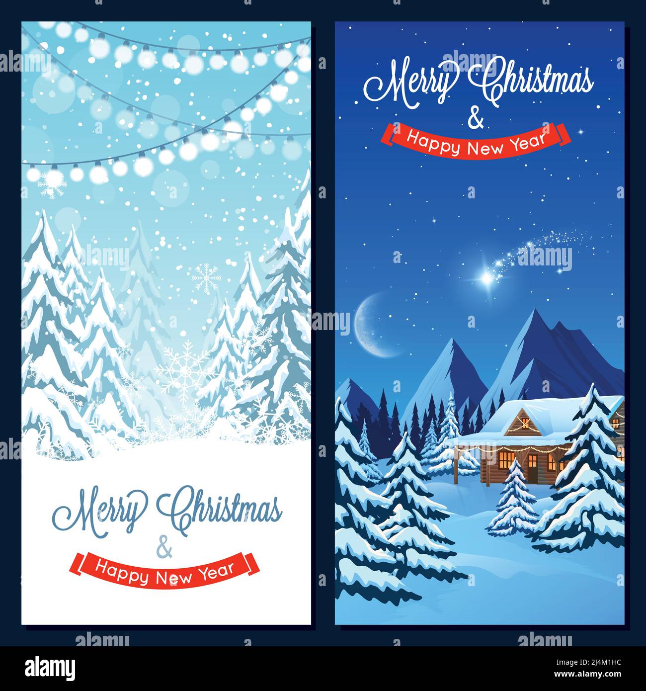 Winter landscape vertical banners with house, trees and mountains at ...