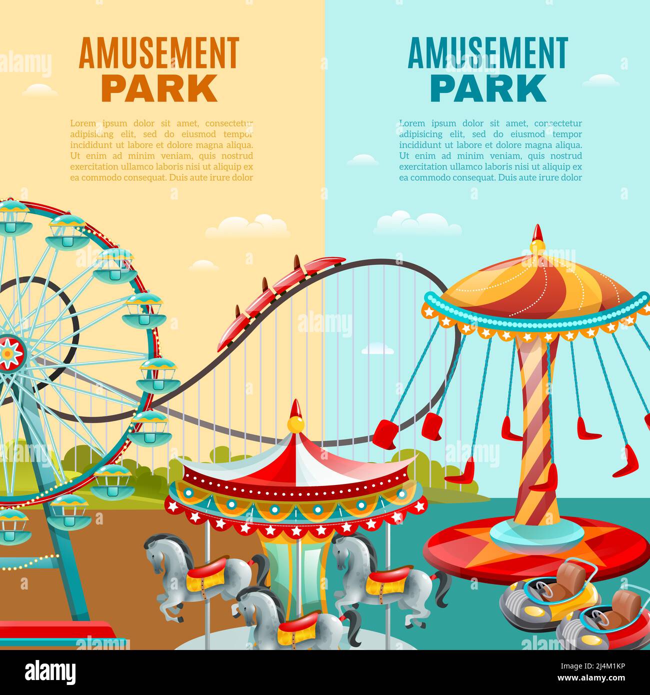 Amusement park cartoon vertical banners roller coaster ferris wheel and ...