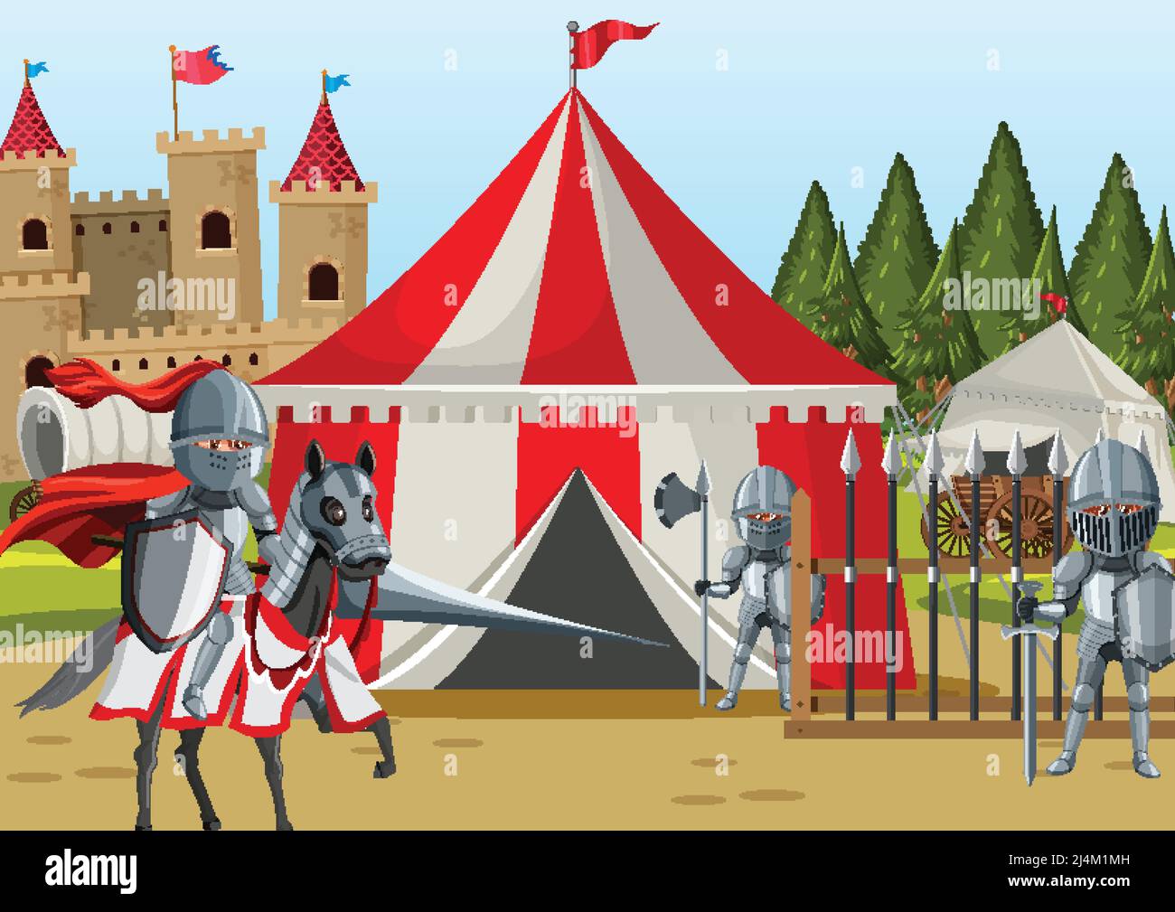 Medieval army camp scene with armour knight riding horse illustration ...