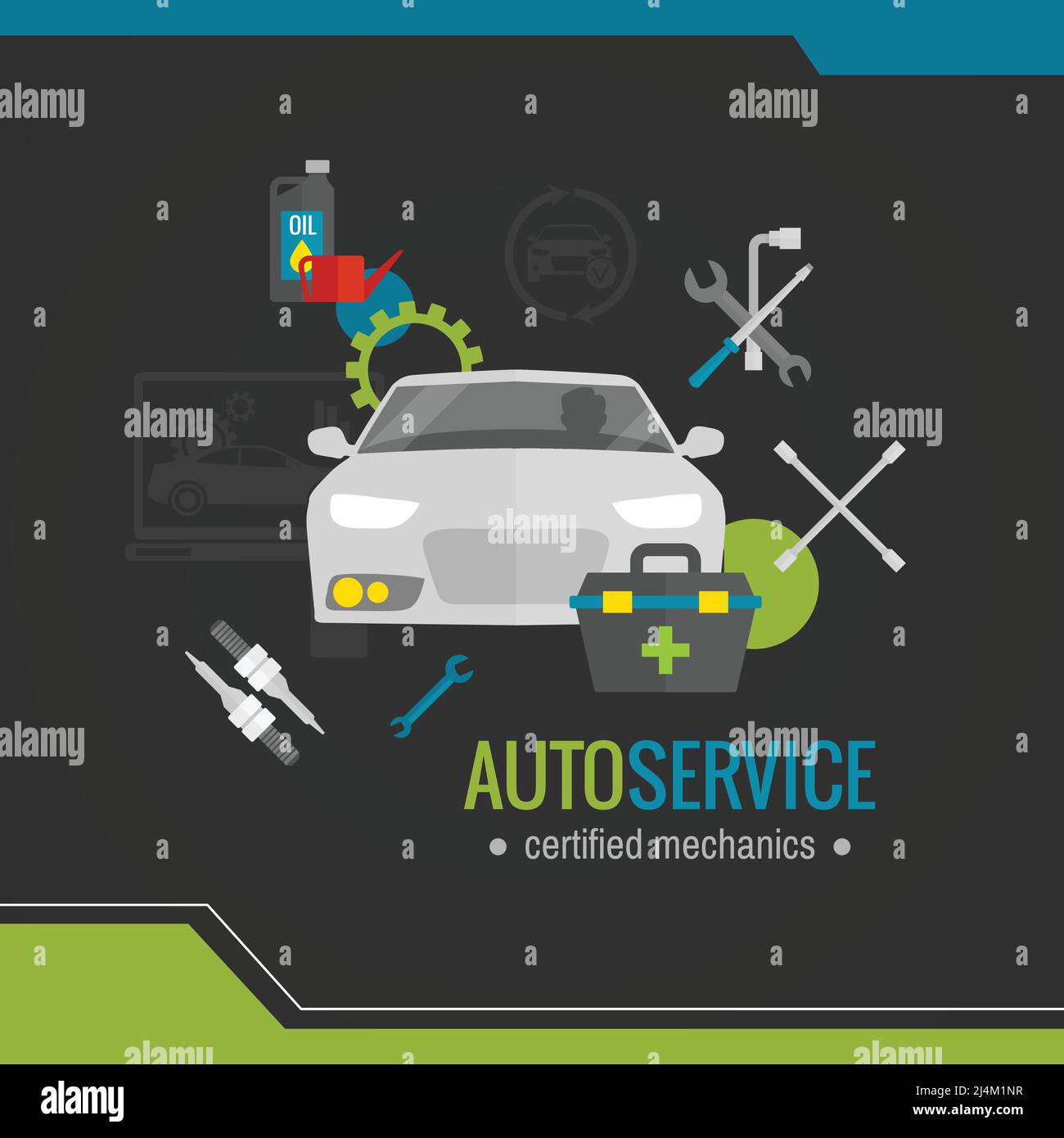 Auto mechanic flat icon with car repair tools set vector illustration ...