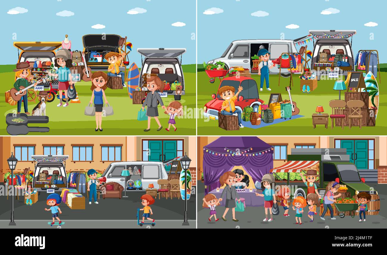 Flea market scene in cartoon style illustration Stock Vector Image ...