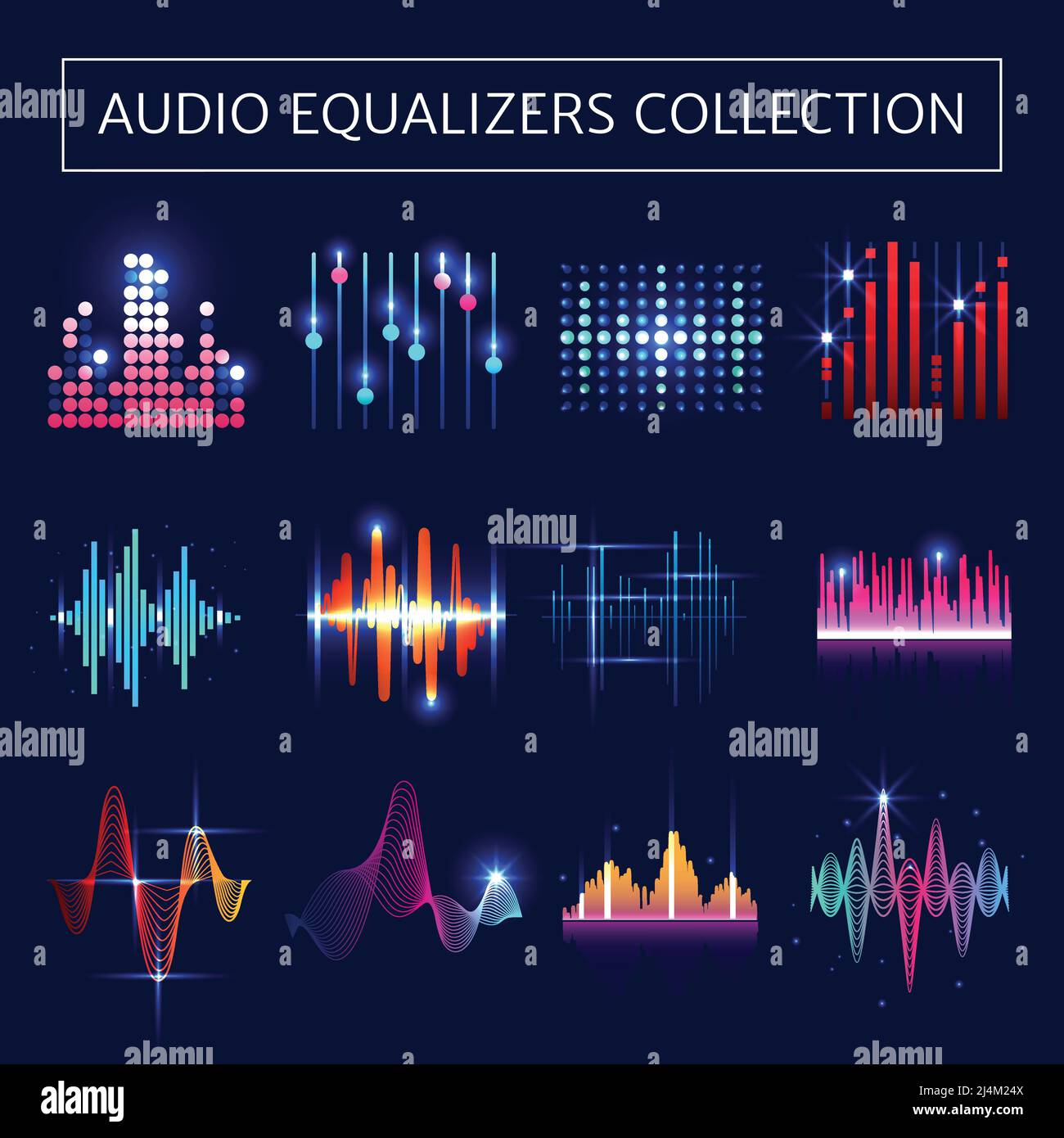 Bright audio equalizer neon set with sound waves symbols on blue ...
