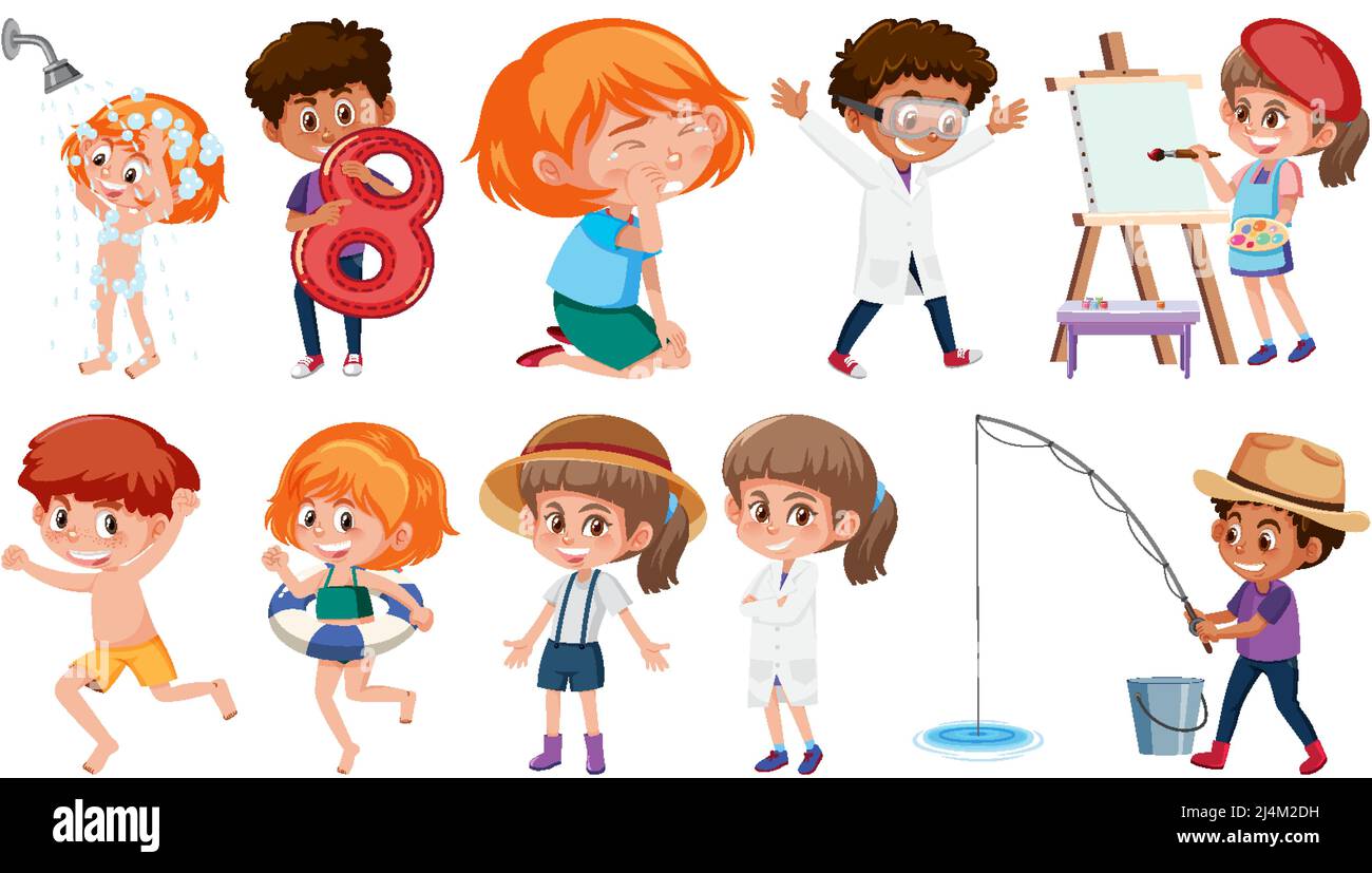 Set of children doing different activities on white background ...