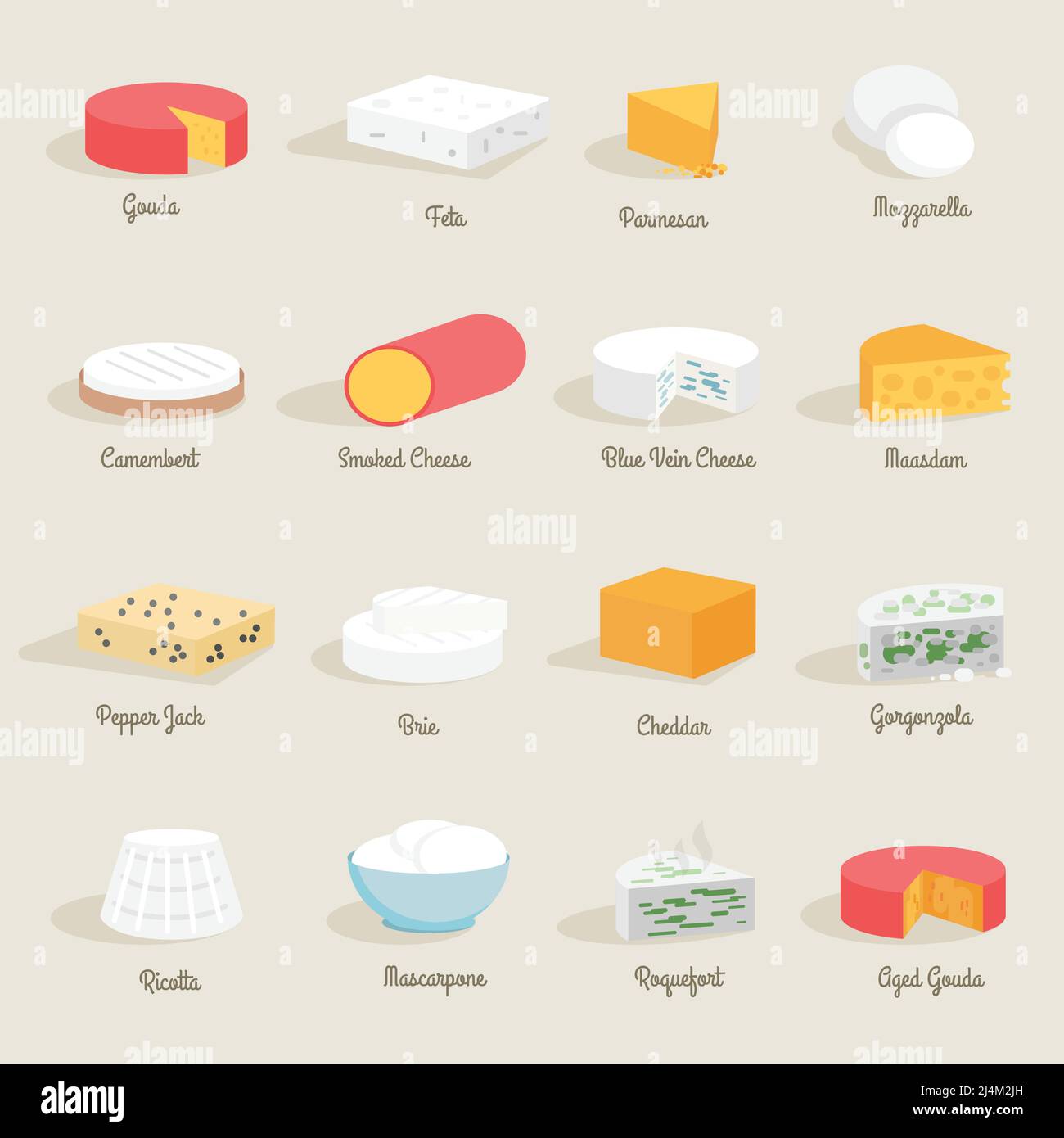 Delicious fresh cheese variety icon flat set isolated vector ...