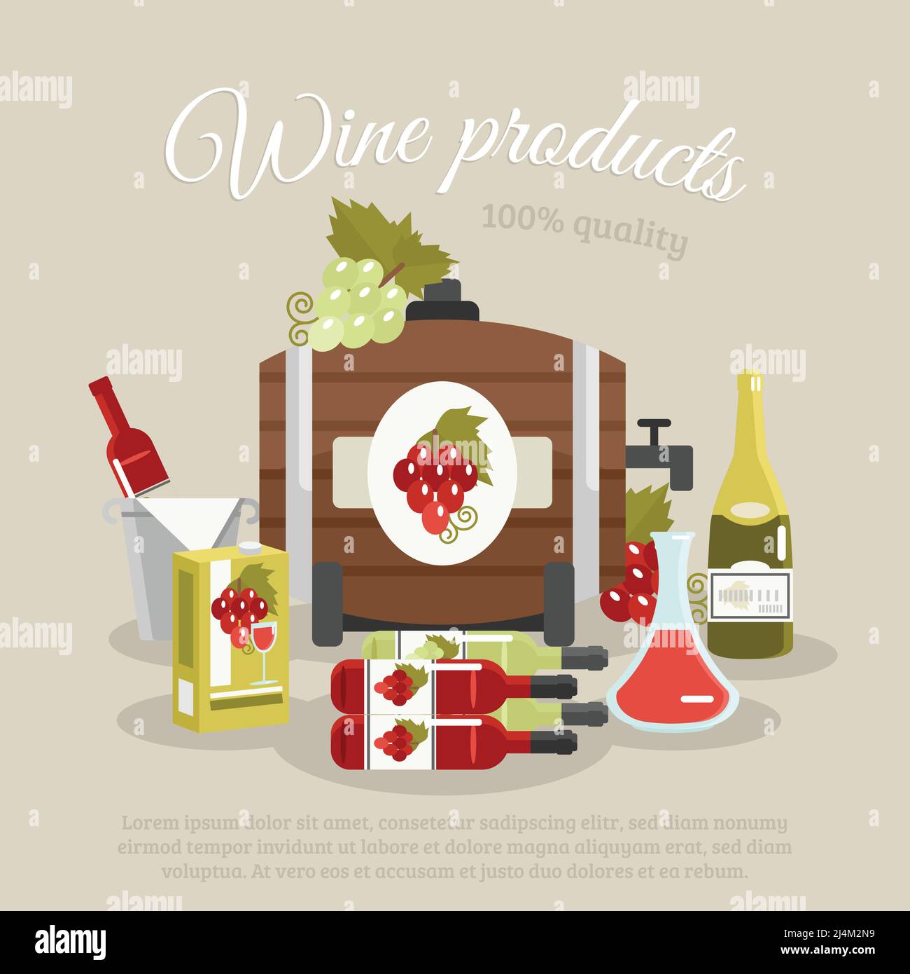 Wine products tagline still life with bottles and keg flat poster ...