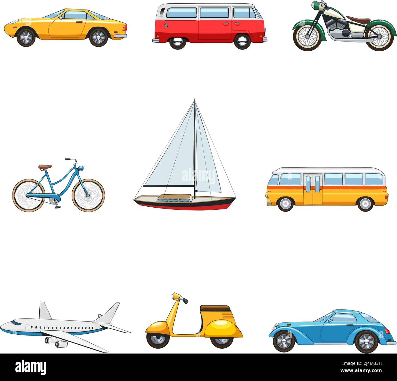 Comic flat transport images set of cars van motorcycle bicycle yacht ...