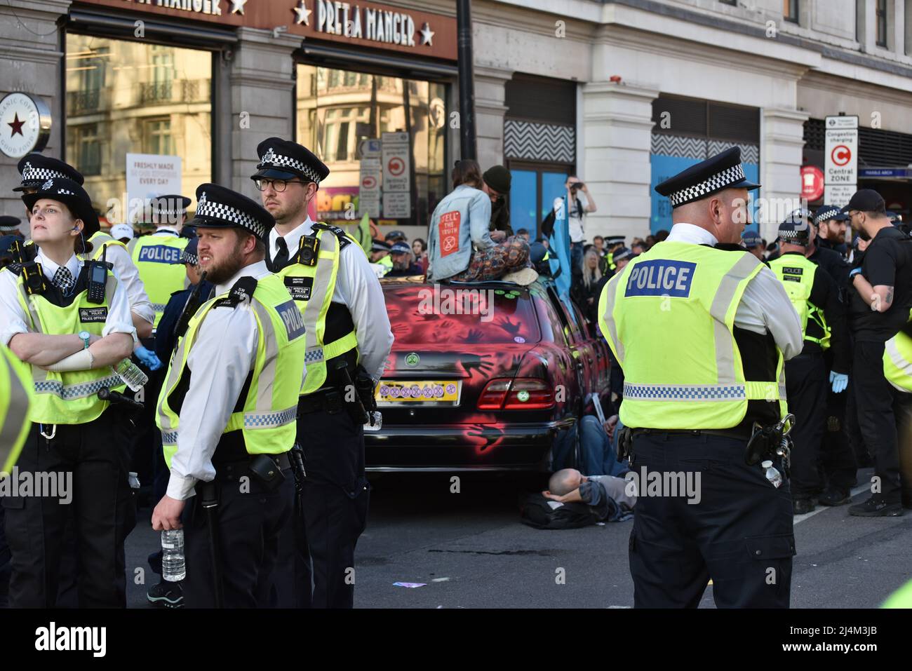 London, UK. 16 April 2022. Extinction Rebellion blocked Marble Arch ...