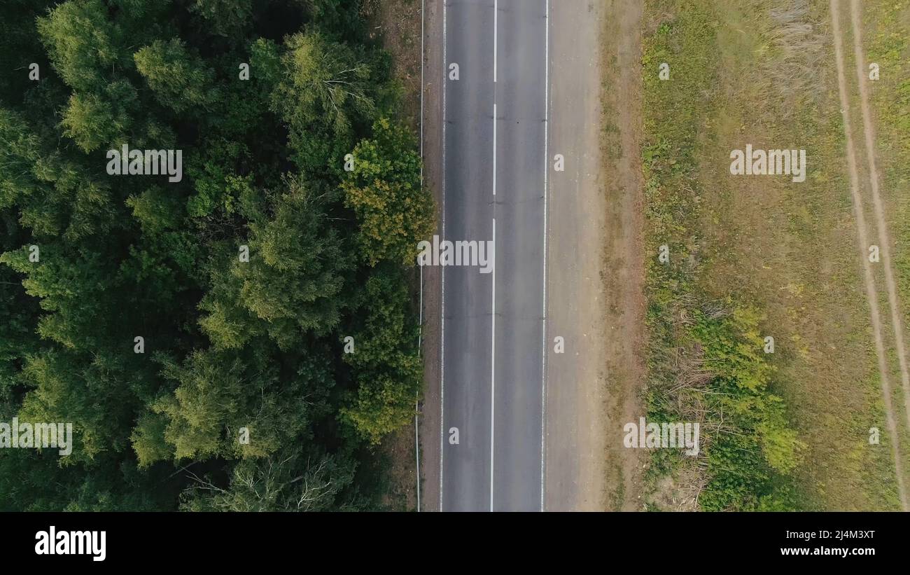 Top view of dividing line of forests and fields. Scene. Cars are ...