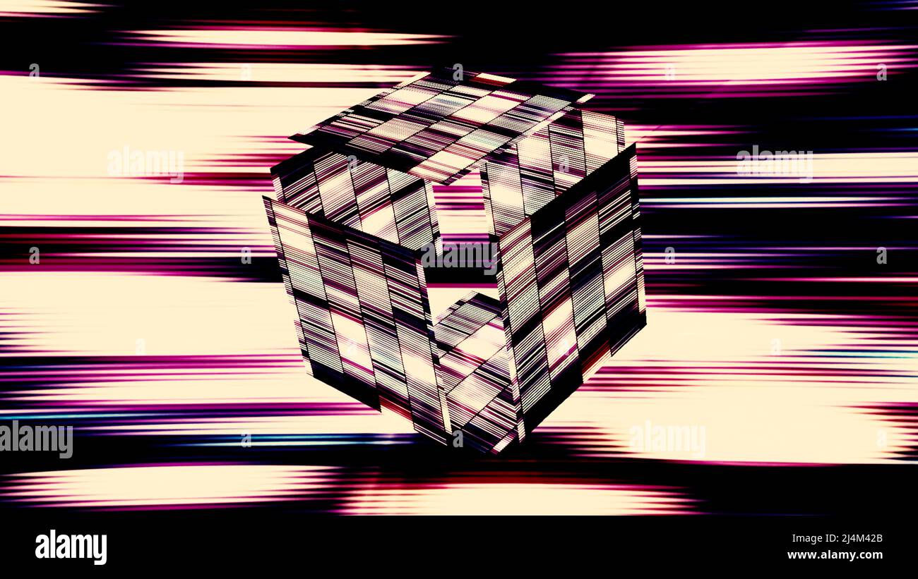 Abstract glowing cube covered by blinking digital tiles. Motion. 3D ...