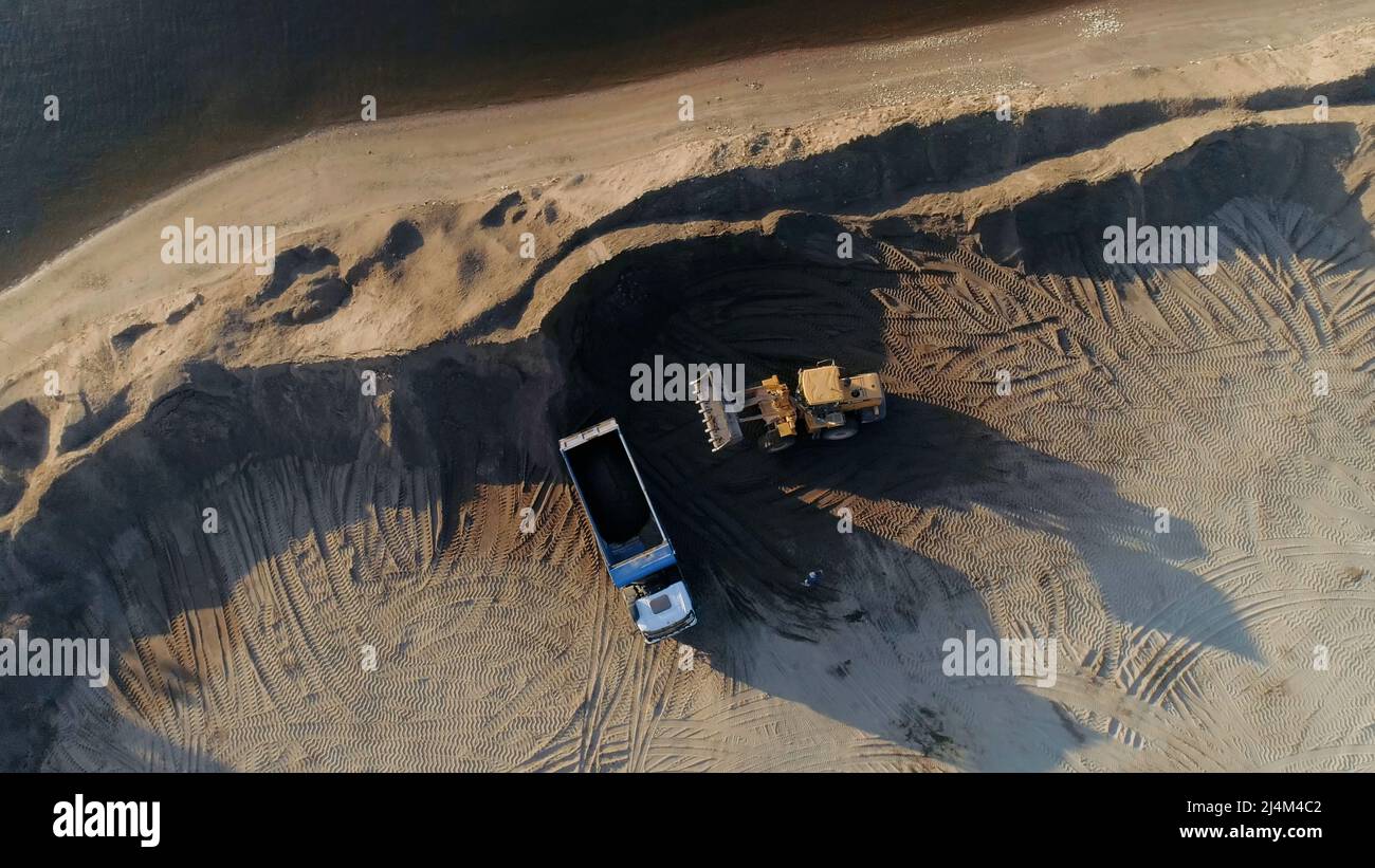 Sand mining industry, sand mine at the quarry. Scene. Aerial top view ...