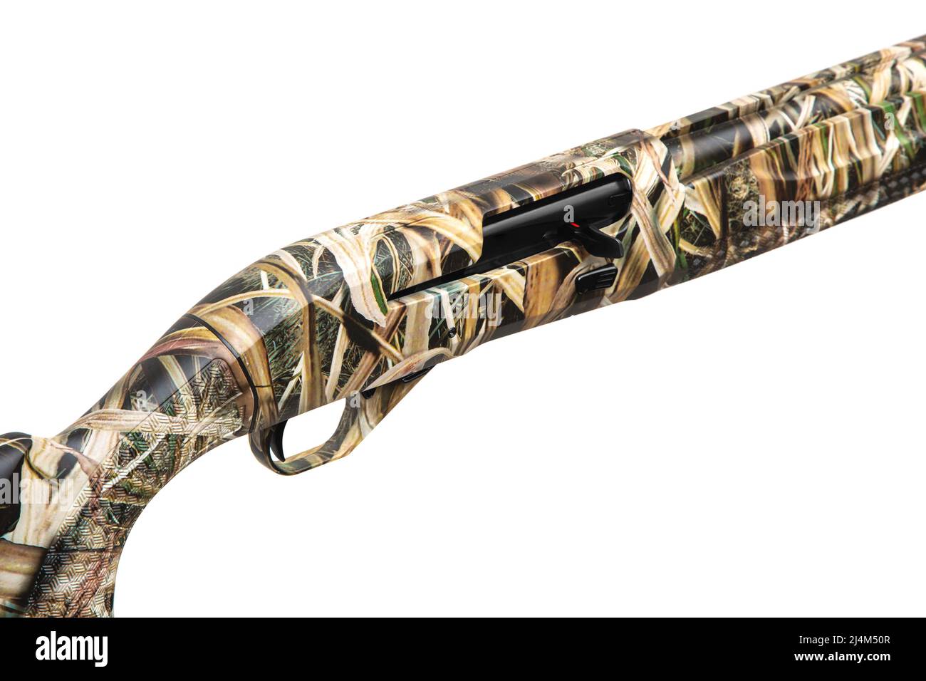 Pump-action 12 gauge shotgun isolated on a white background. Close-up ...