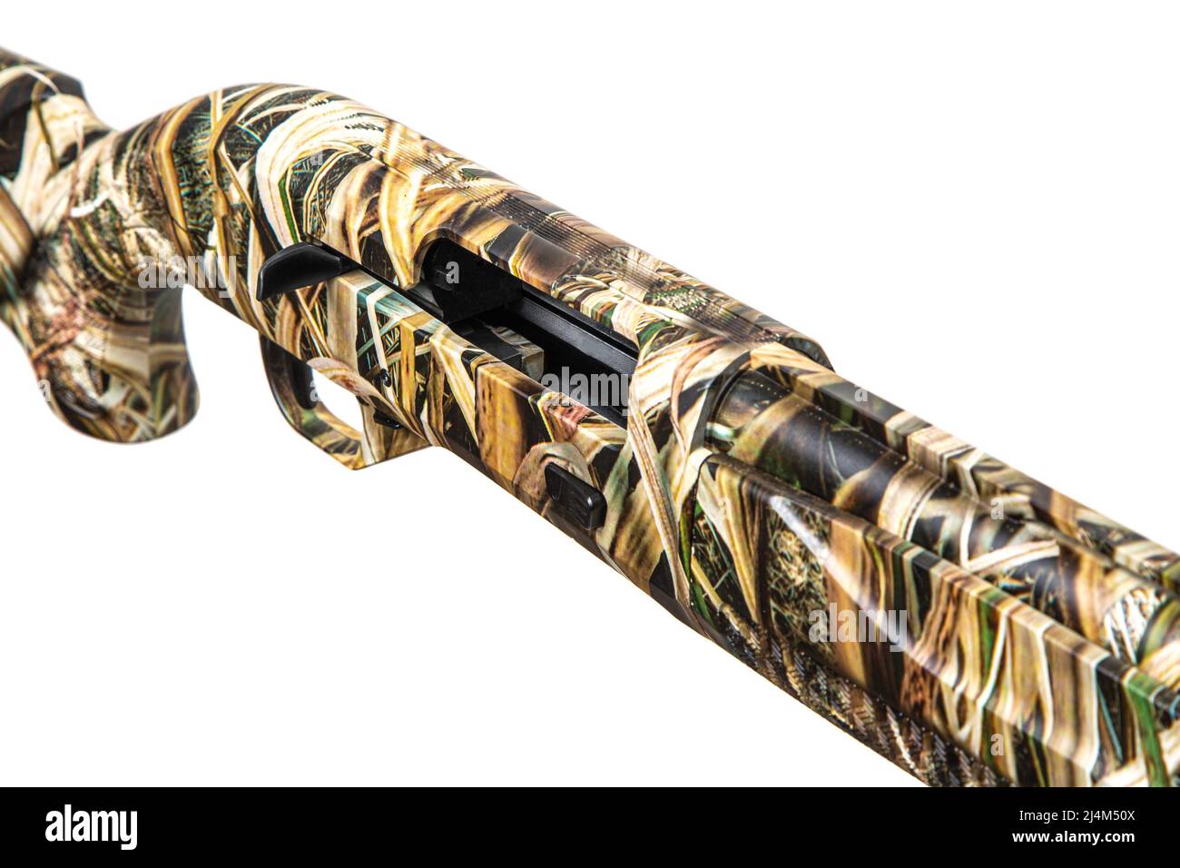 Pump-action 12 gauge shotgun isolated on a white background. Close-up ...