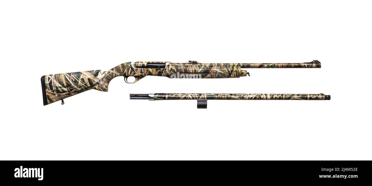 Pump-action 12 gauge shotgun isolated on a white background. A smooth ...