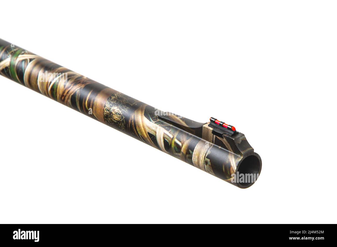 Pump-action 12 gauge shotgun isolated on a white background. Close-up ...