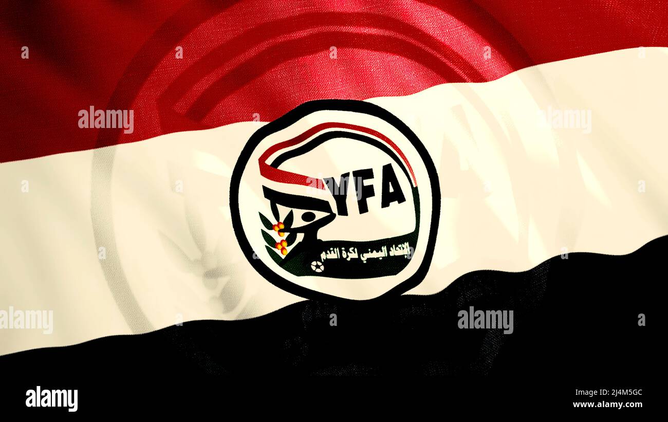 The Yemen Football Association tricolor flag with the round shaped ...
