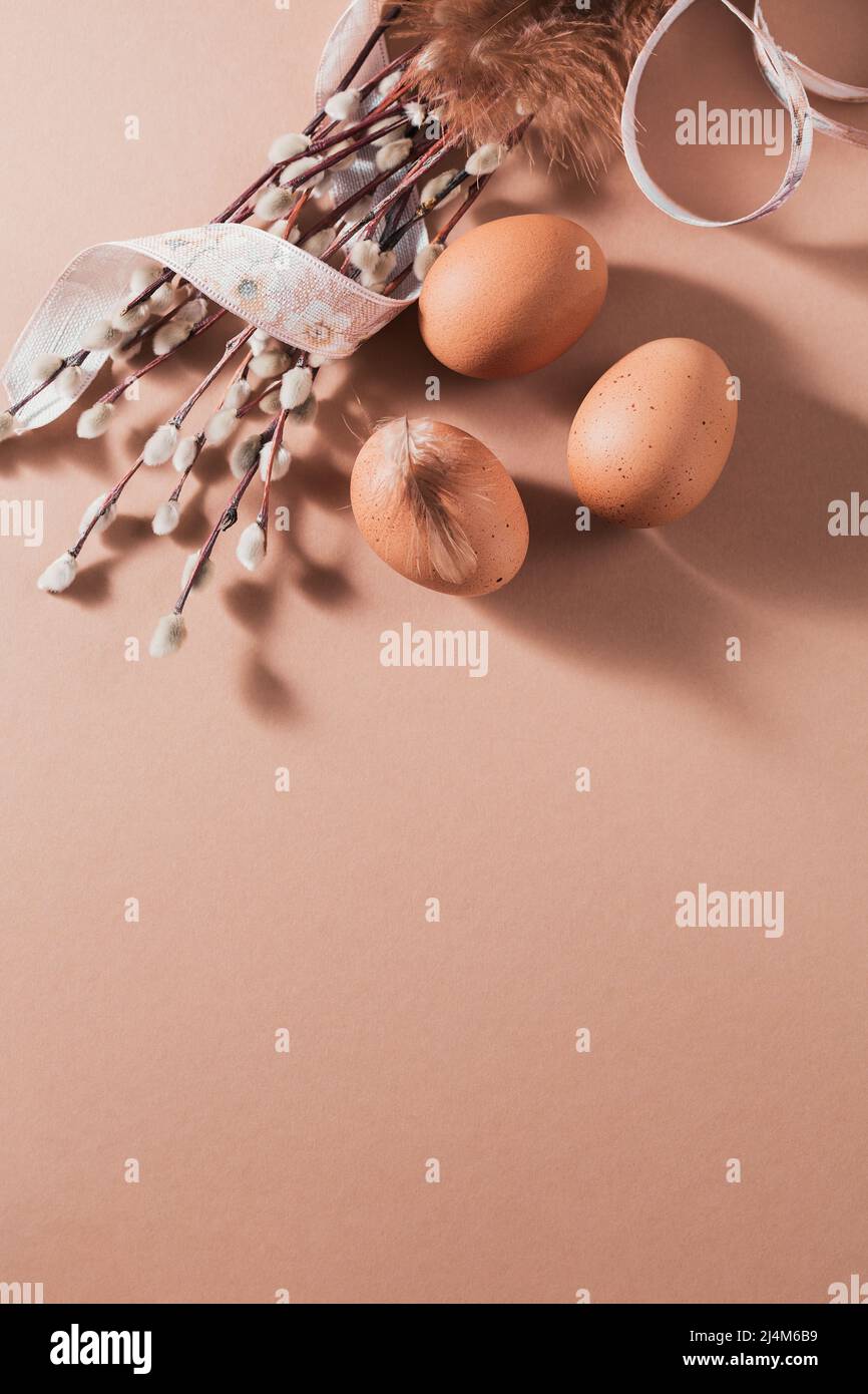 Easter background with natural color eggs and brown feathers Stock ...