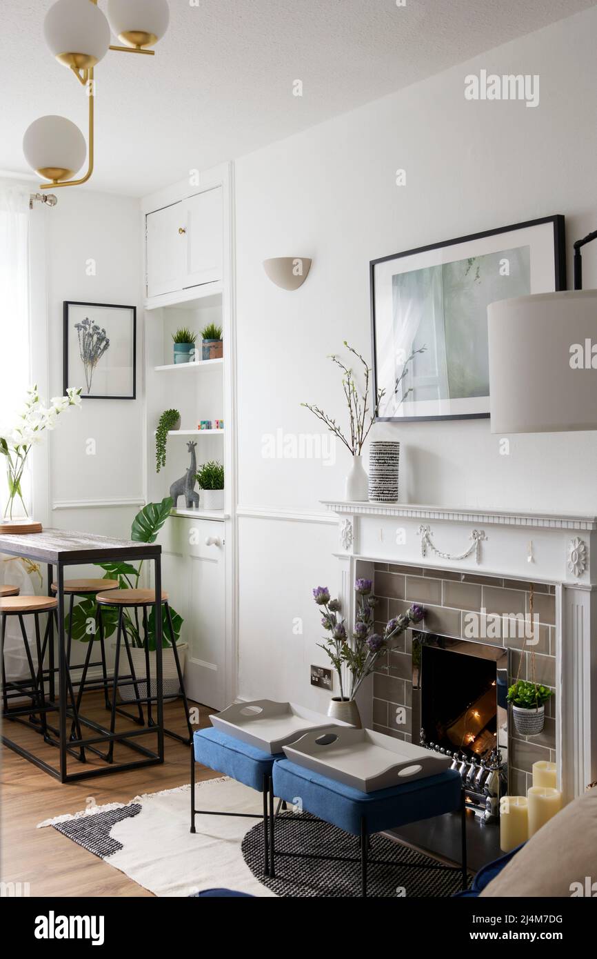 fwhite fireplace in a stylish white home, Interior Design Stock Photo ...