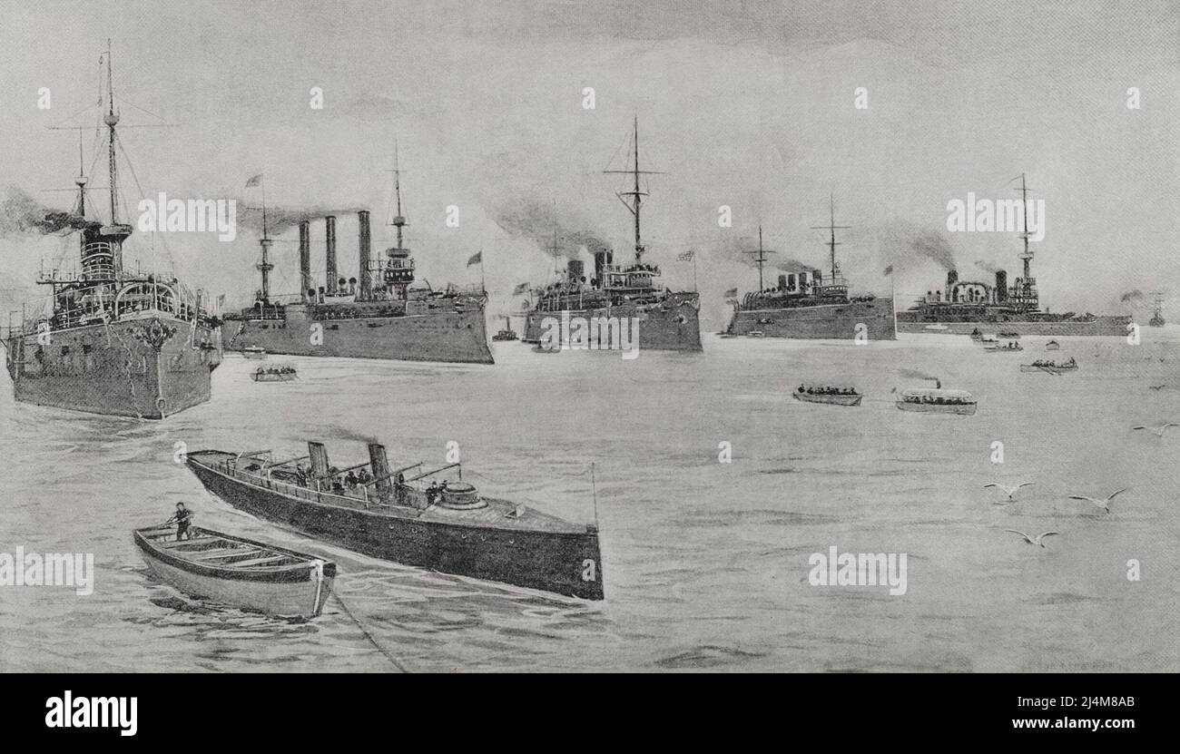 Spanish-American War (1898). The American fleet on Hampton Road. From ...