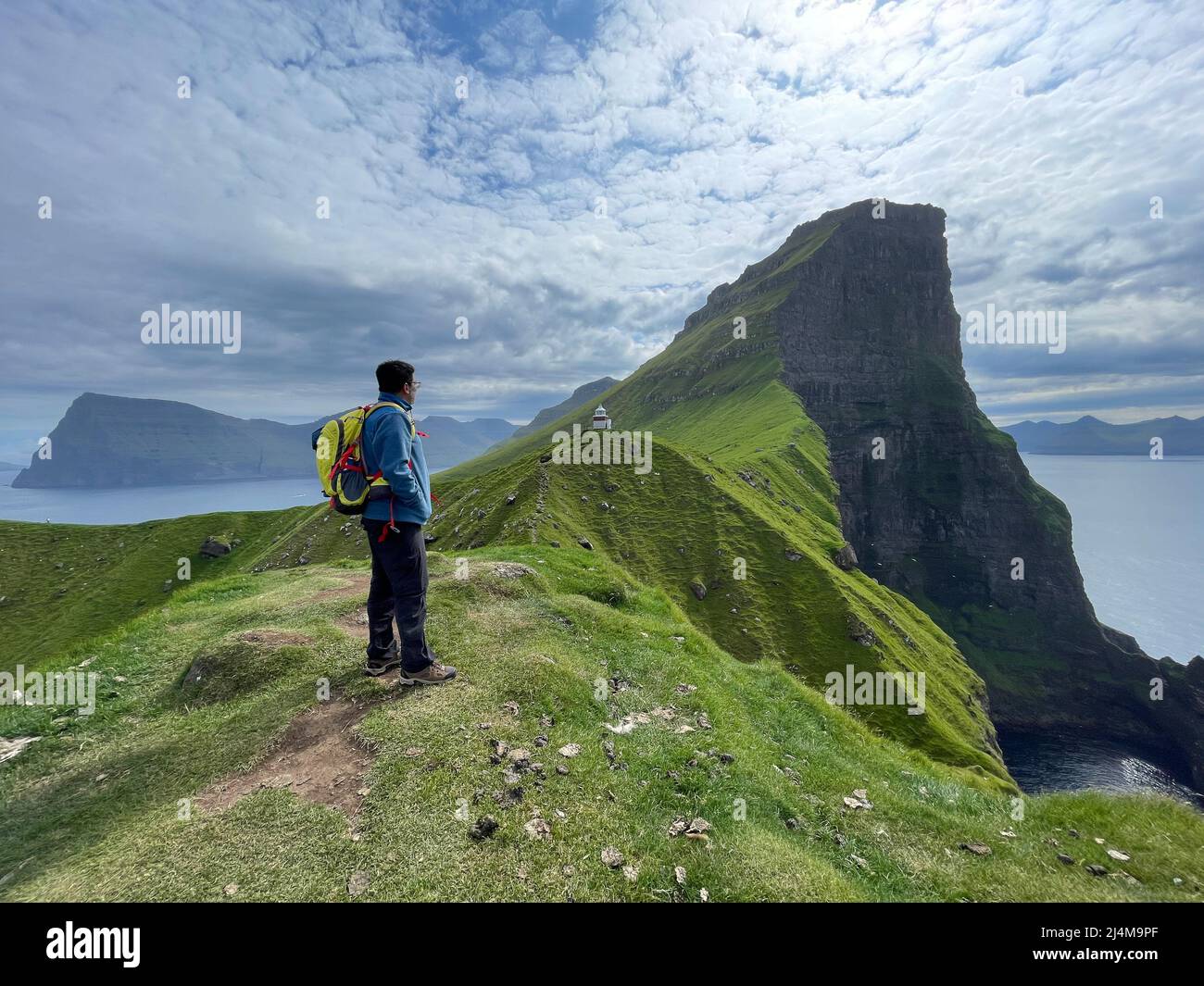 Beautiful aerial view of the Kallur Lighthouse in the Faroe Islands ...