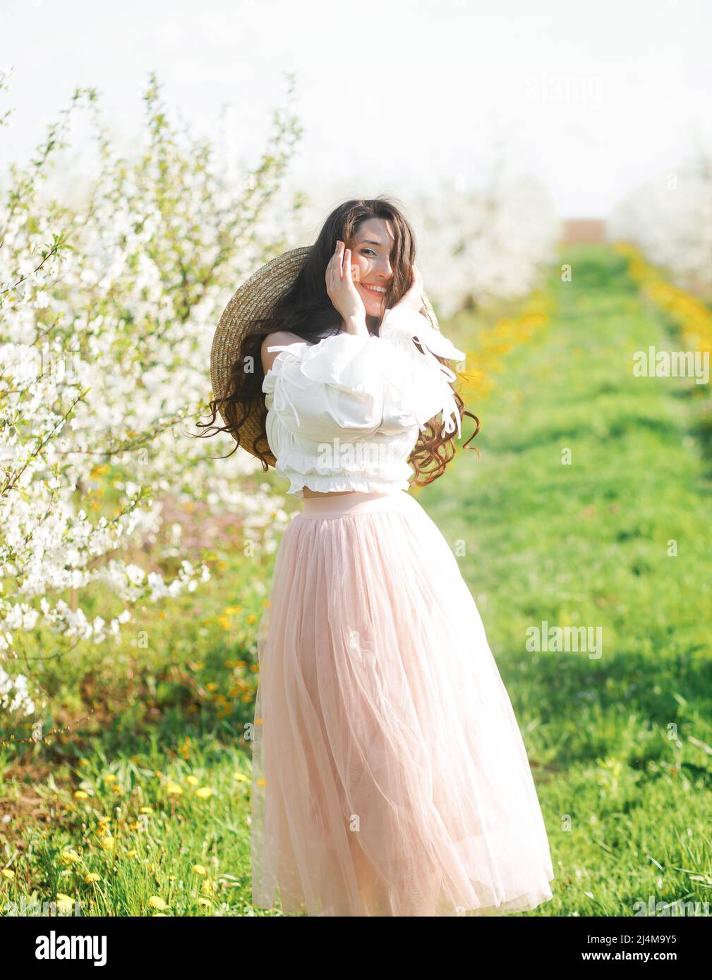 Spring Style. Beautiful Young Brunette Woman In Nice Spring Dress ...