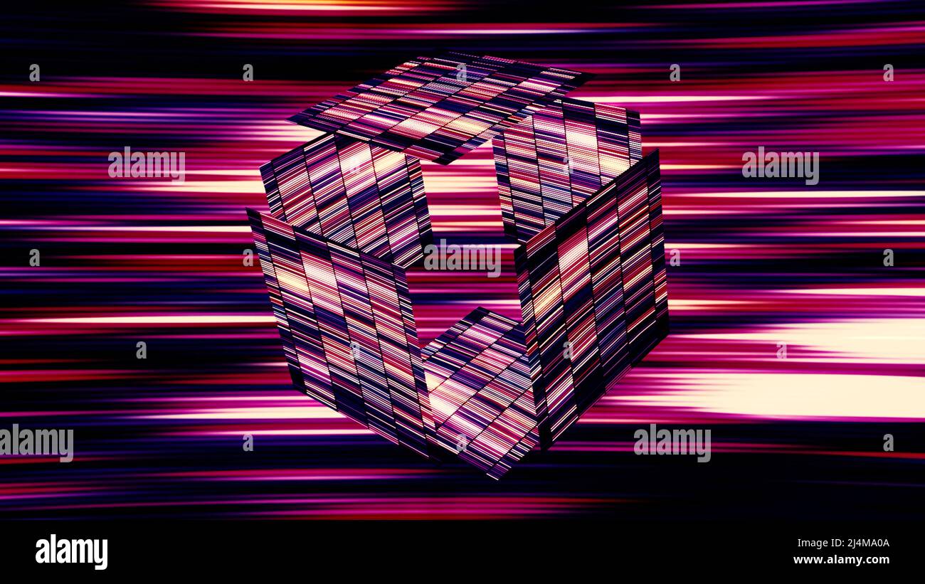 Glowing cube opens in cyberspace. Motion. Virtual 3D cube opens as ...