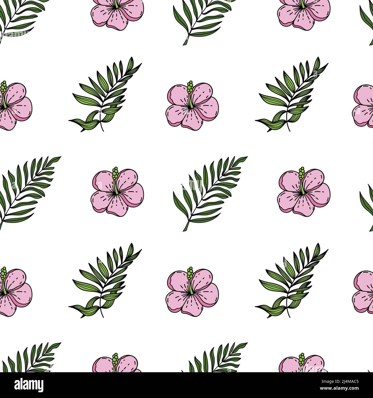 A seamless drawing of a tropical hibiscus flower. A hand-drawn sketch ...