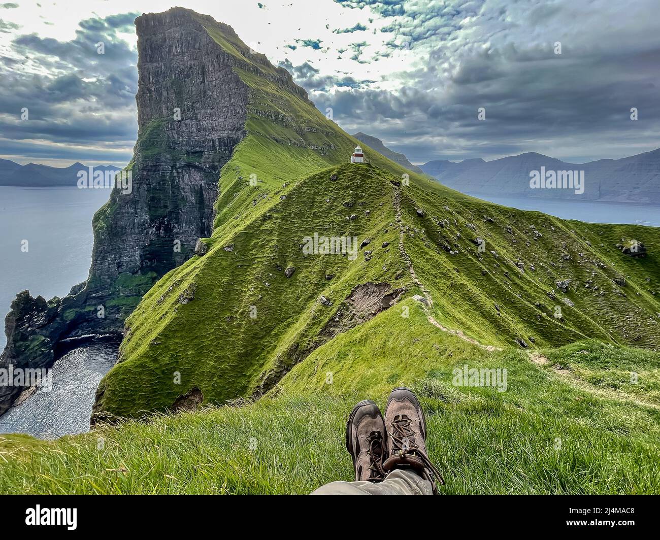 Beautiful aerial view of the Kallur Lighthouse in the Faroe Islands ...