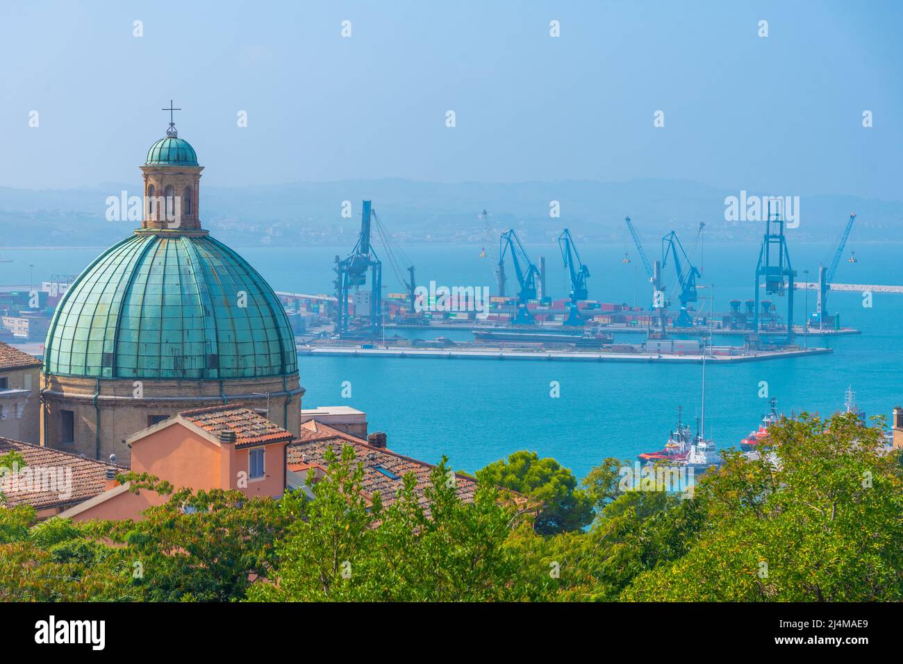 Ancona, Italy, September 28, 2021: Port of Ancona viewed behind church ...