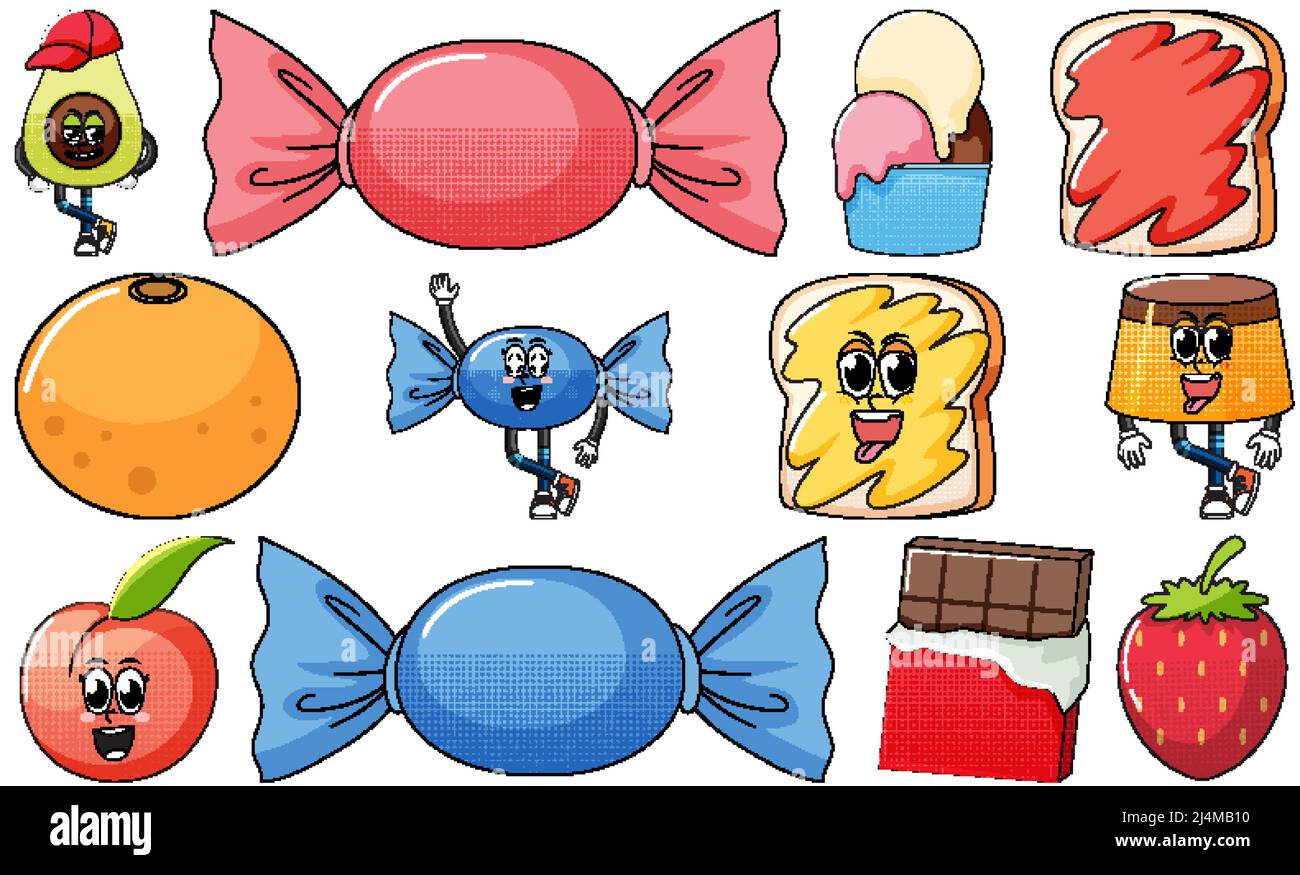 Set of facial expression with vintage style food cartoon on white ...