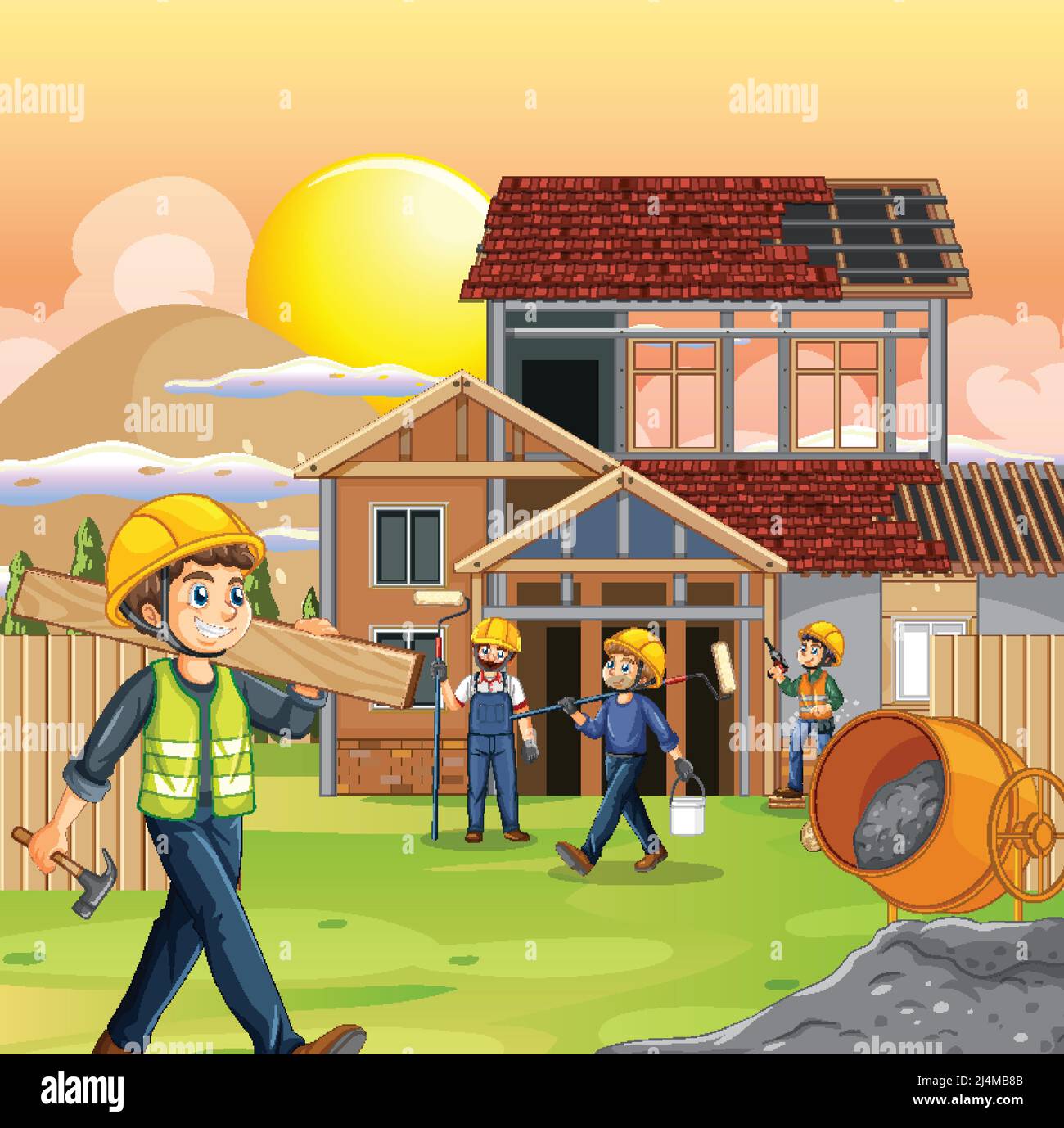 Building construction site with workers illustration Stock Vector Image ...