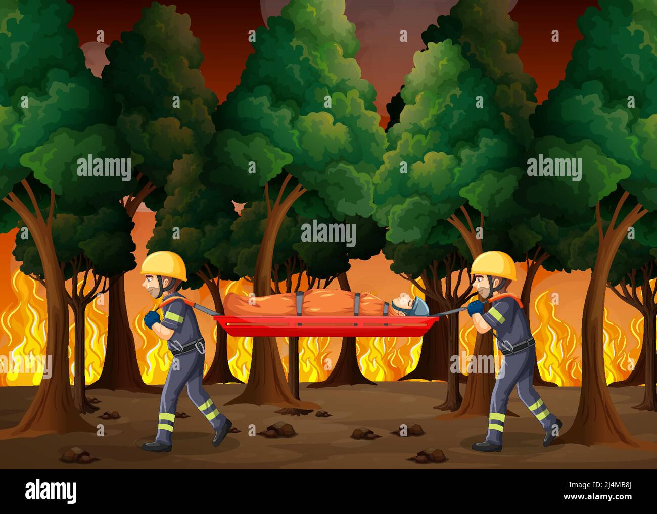 Wildfire scene with firerman rescue in cartoon style illustration Stock ...