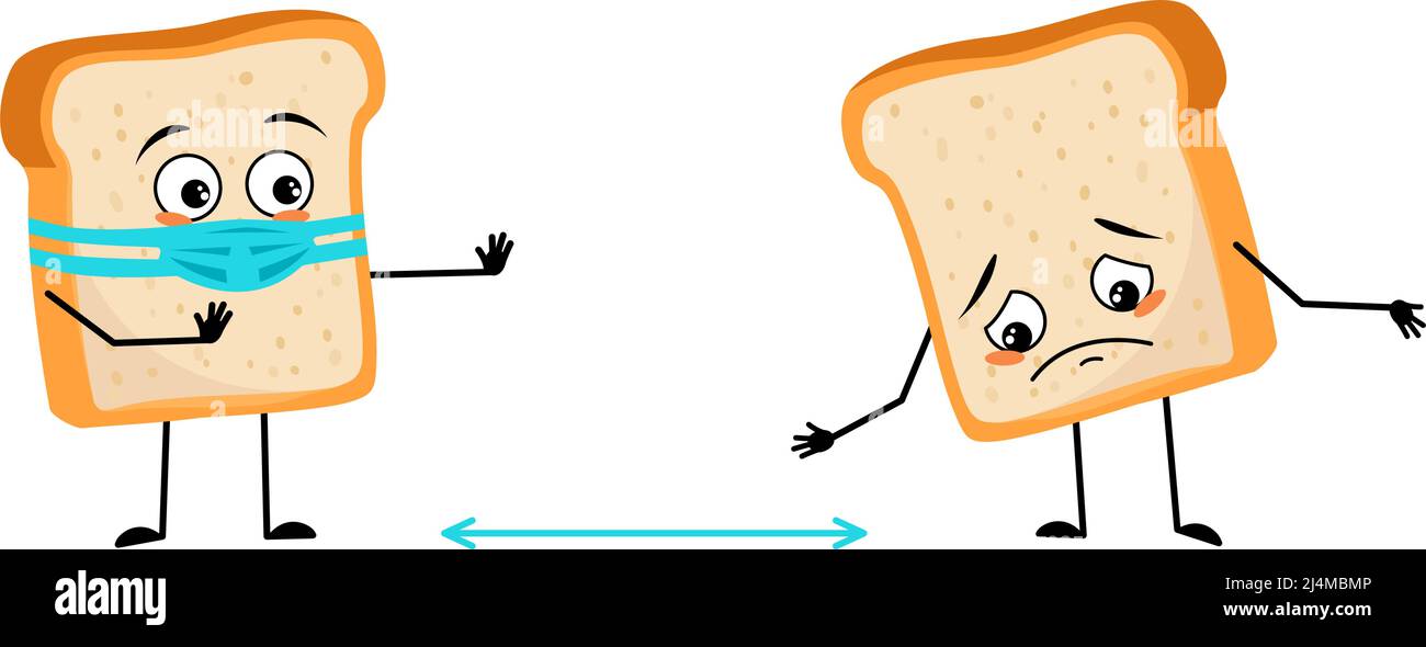 Cute bread character with face in medical mask keep distance, arms and ...