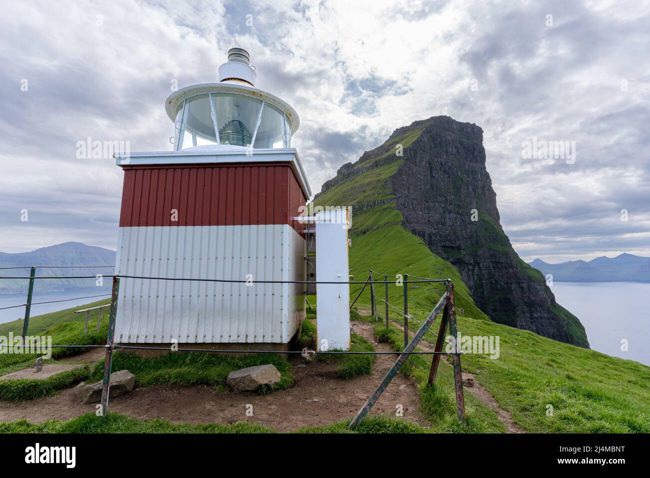 Beautiful aerial view of the Kallur Lighthouse in the Faroe Islands ...