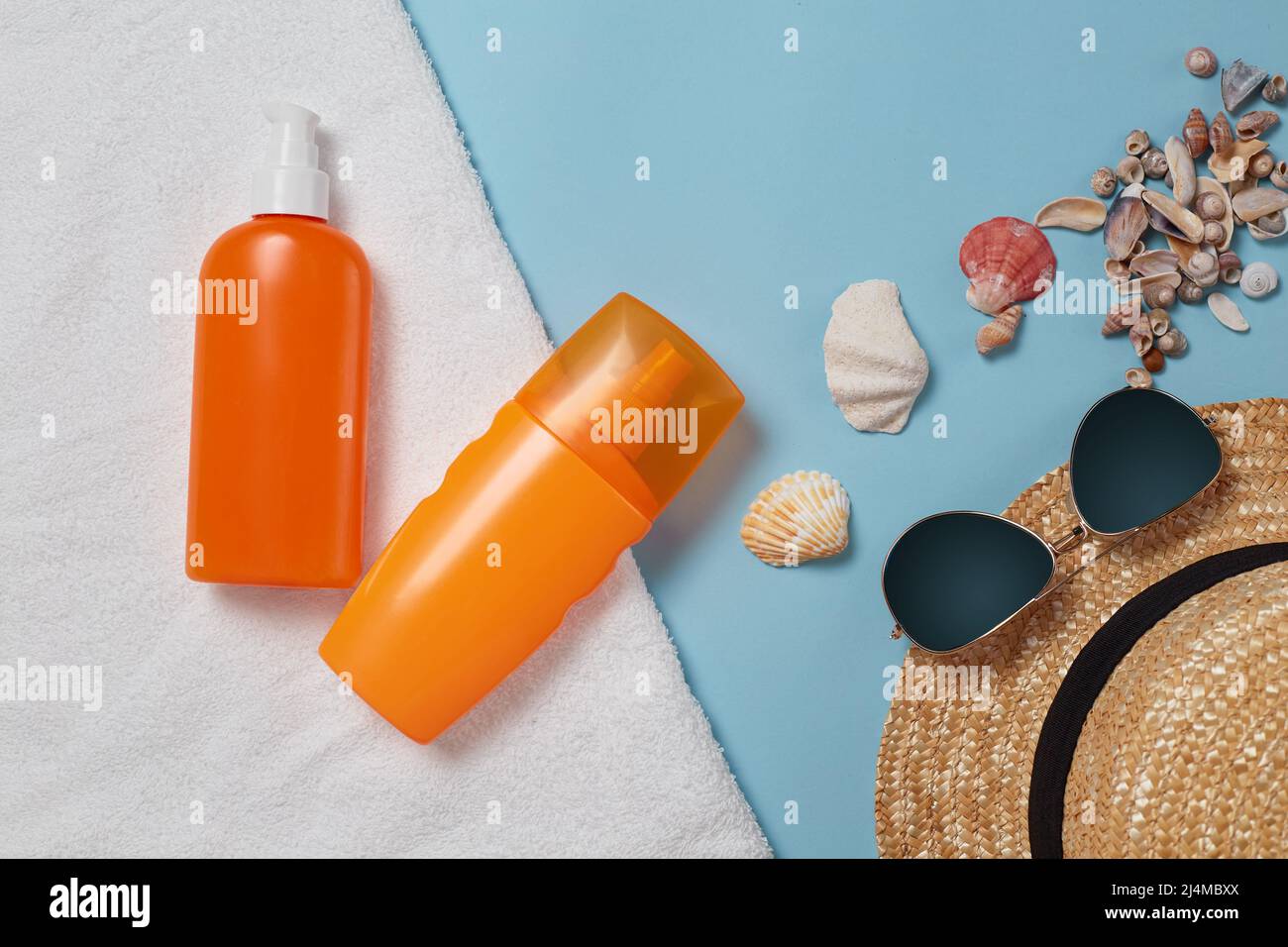 Sunscreen bottle, sun hat, cream, lotion bottle, various sunscreens and ...