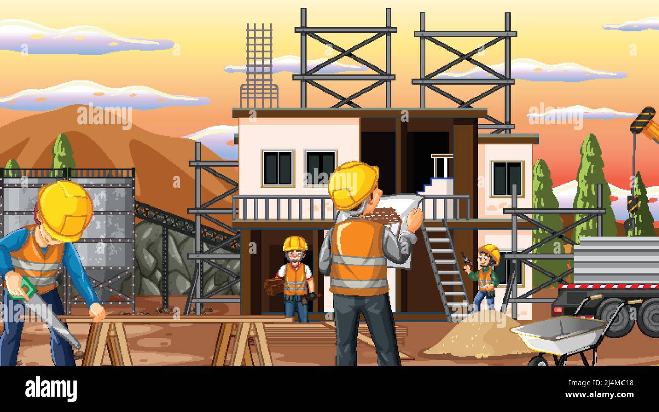 Building construction site with workers illustration Stock Vector Image ...