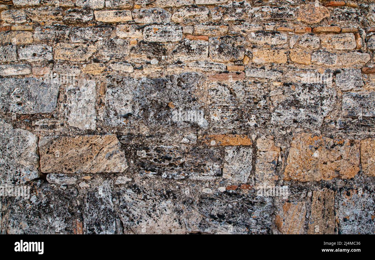 Brick wall of yellow shell rock. Closeup of shellstone texture ...