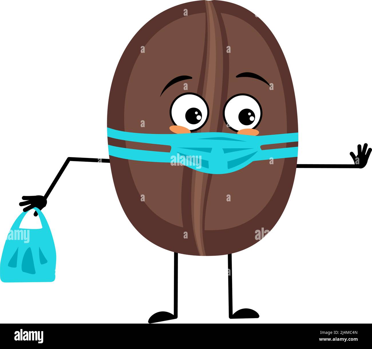 Coffee bean character with face in medical mask and keep distance ...